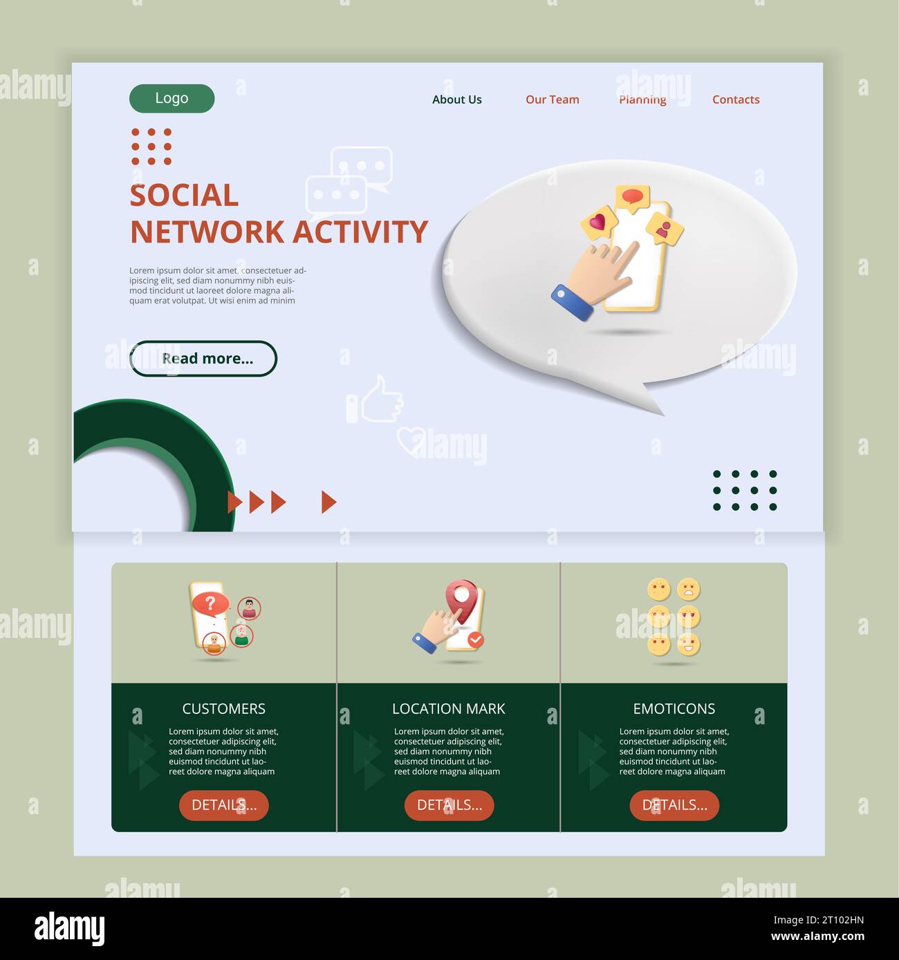 Social network activity flat landing page website template. Customers ...