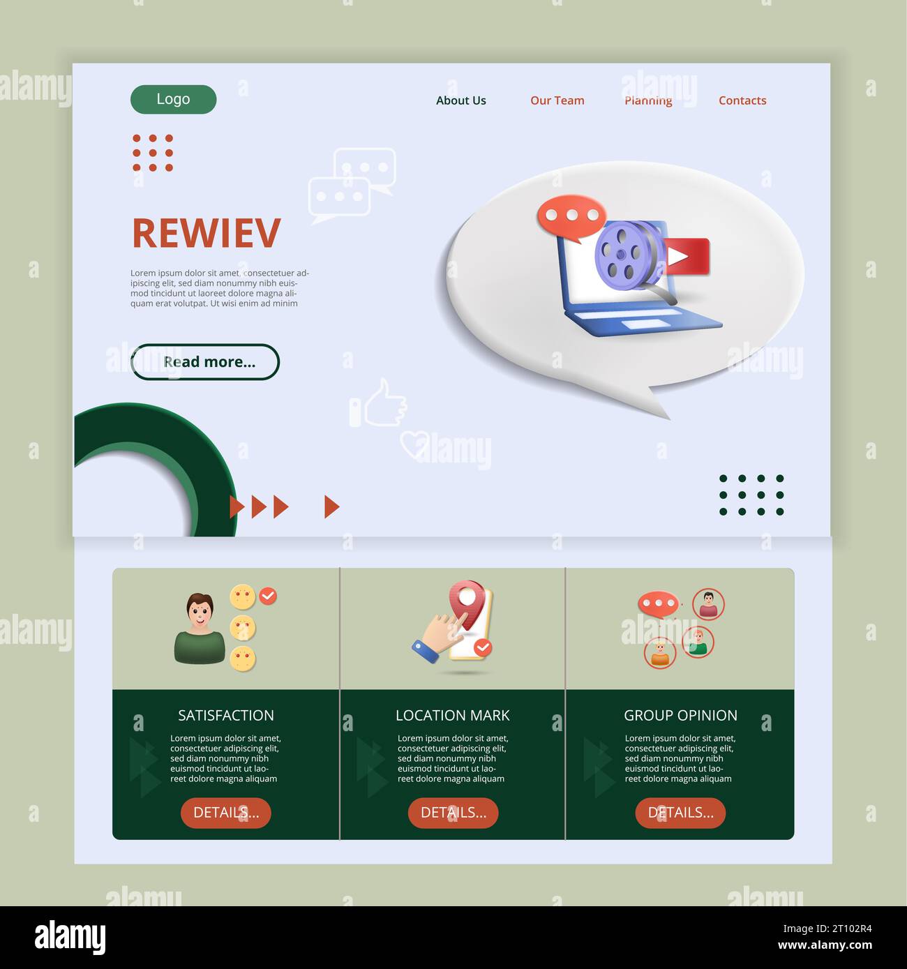 Review flat landing page website template. Satisfaction, location mark ...