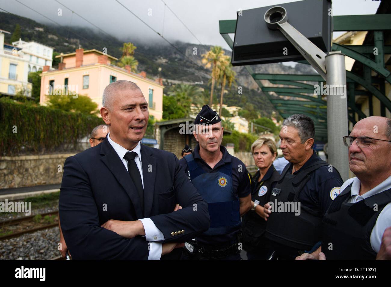 Menton, France. 09th Oct, 2023. Hugues Moutouh (L) takes part in an ...