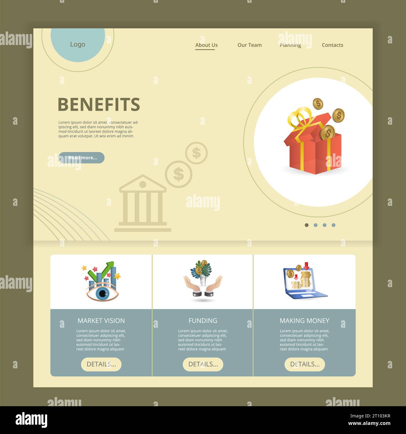 Benefits flat landing page website template. Market vision, funding ...