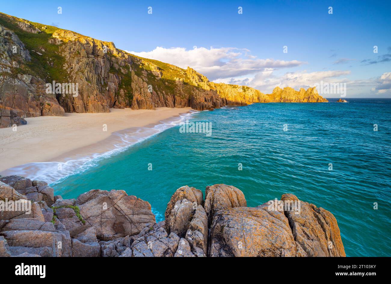 Logan Rock and Treen beach at sunset, St Levan, Treen, Penzance ...