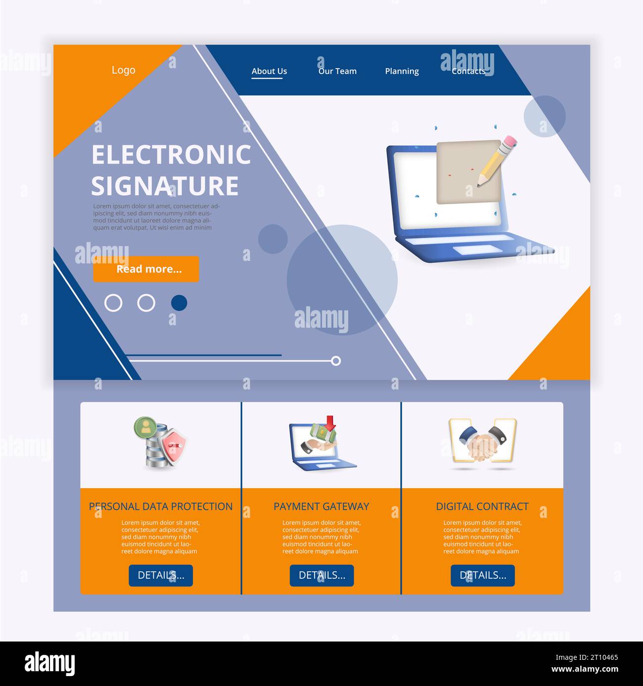Electronic signature flat landing page website template. Personal data ...