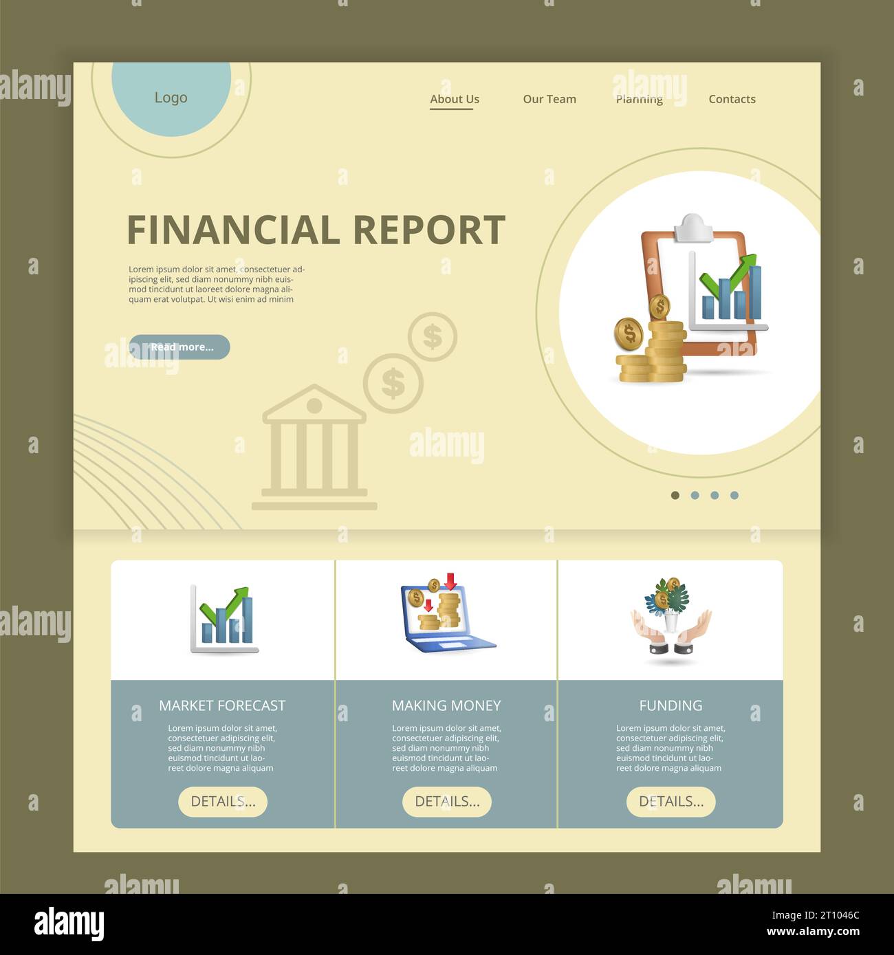 Financial report flat landing page website template. Market forecast ...