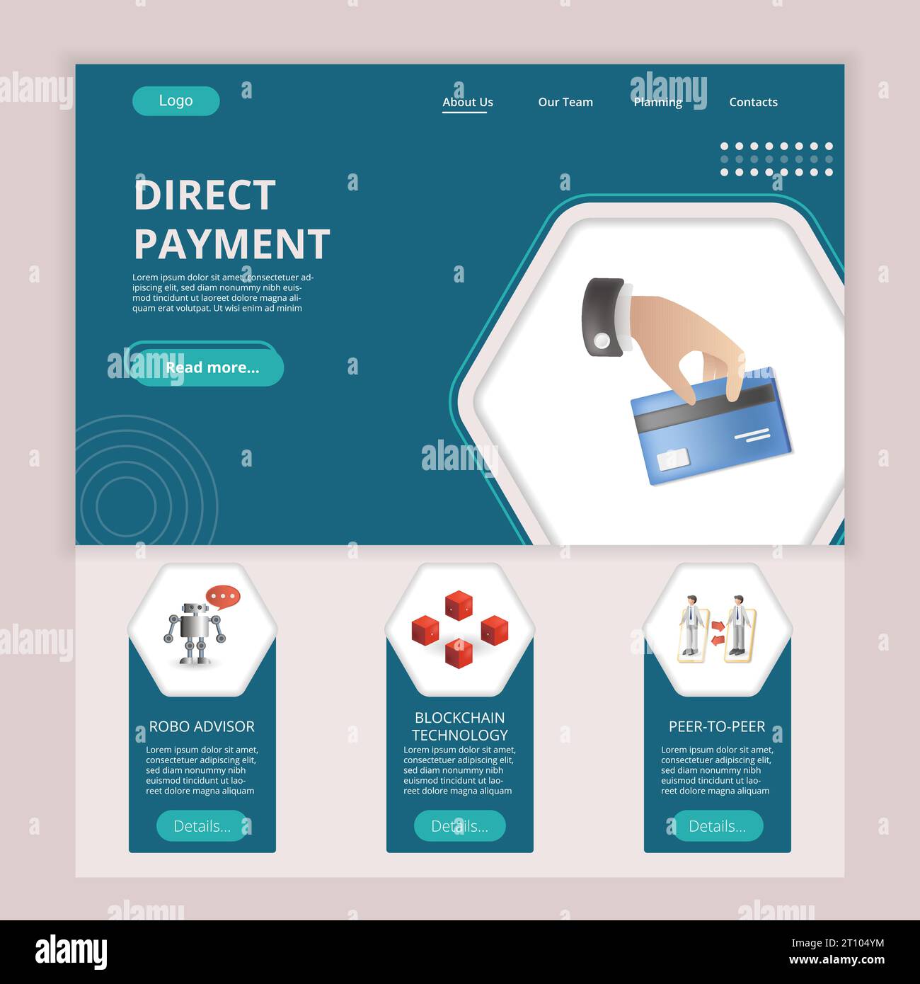 Direct payment flat landing page website template. Robo advisor, blockchain technology, peer-to ...