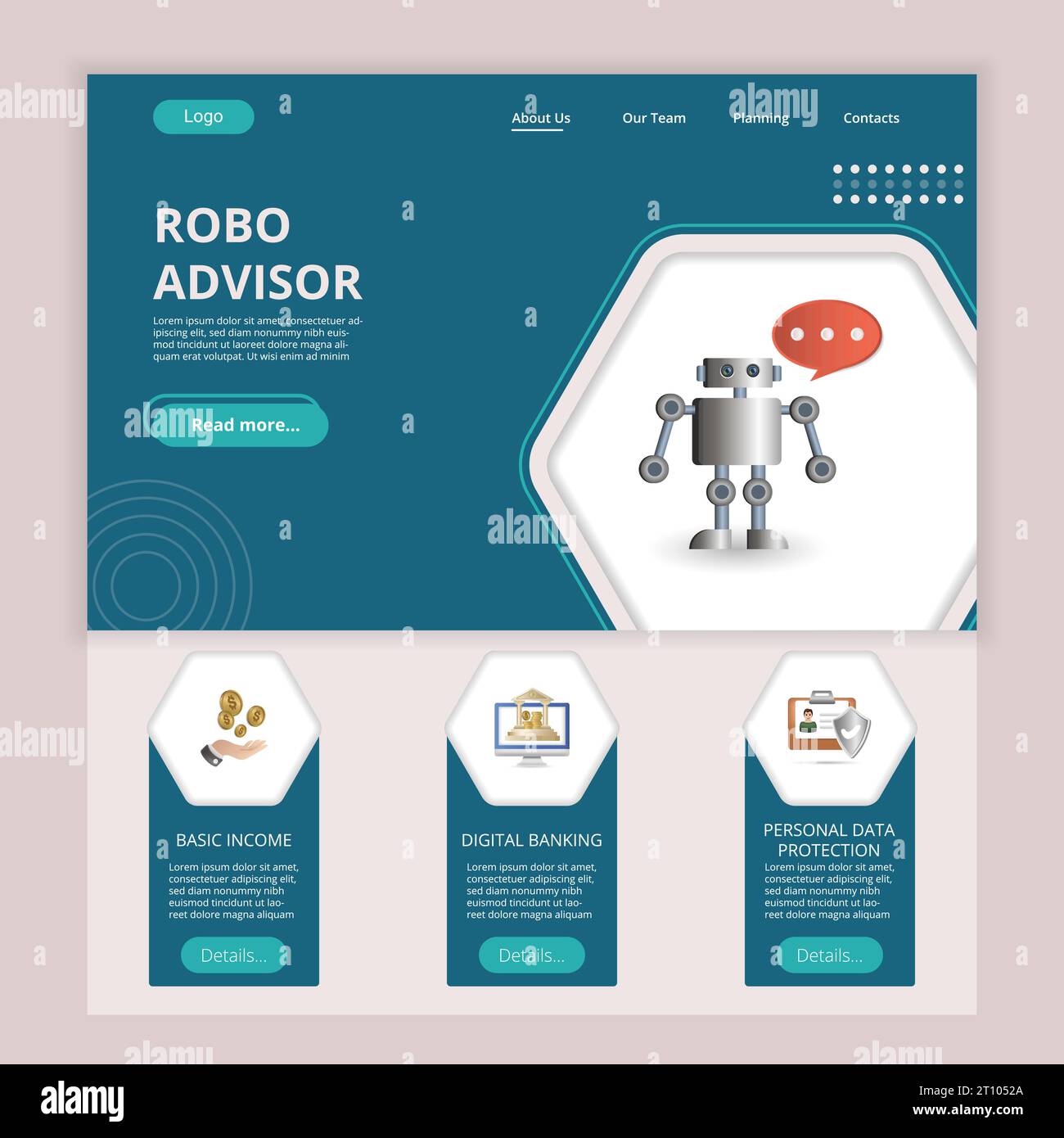Robo advisor flat landing page website template. Basic income, digital ...