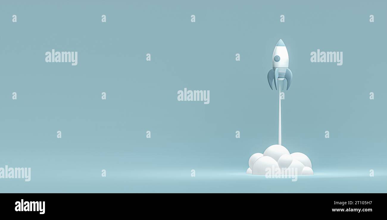 Rocket launch, growth business web banner on blue background. reactive ...