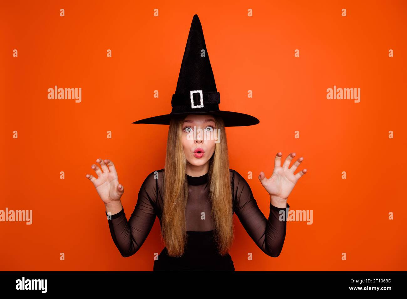 Portrait of terrifying mysterious enchant magician girl arms scare boo ...