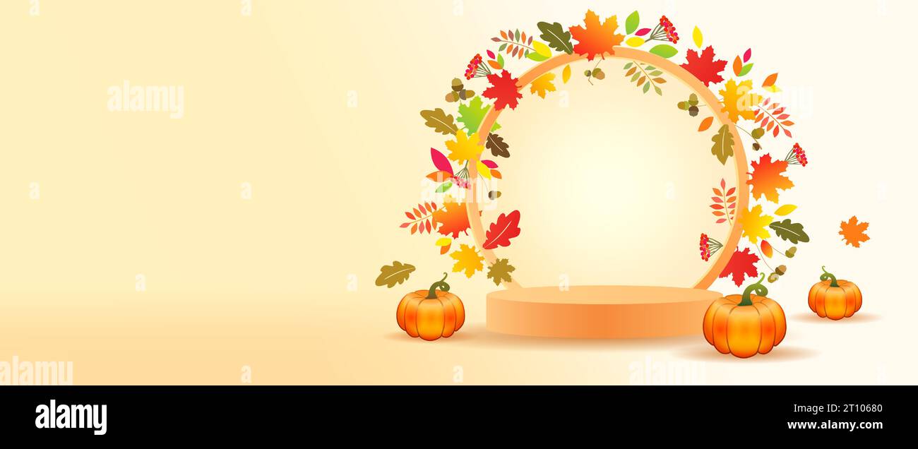 Empty autumn display podium decoration with colored autumn leaves ...