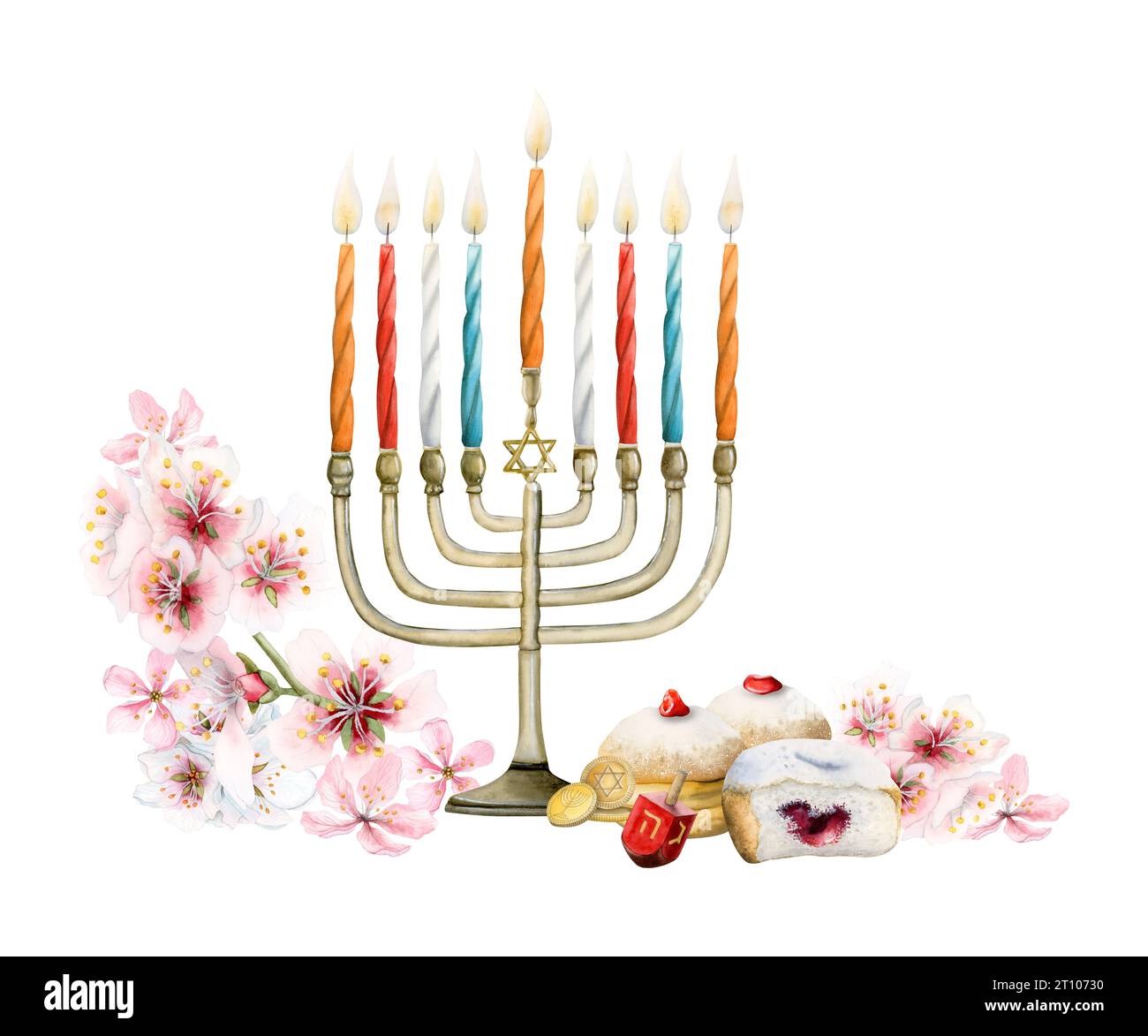 Floral Hanukkah banner watercolor illustration with hanukkiah menorah ...