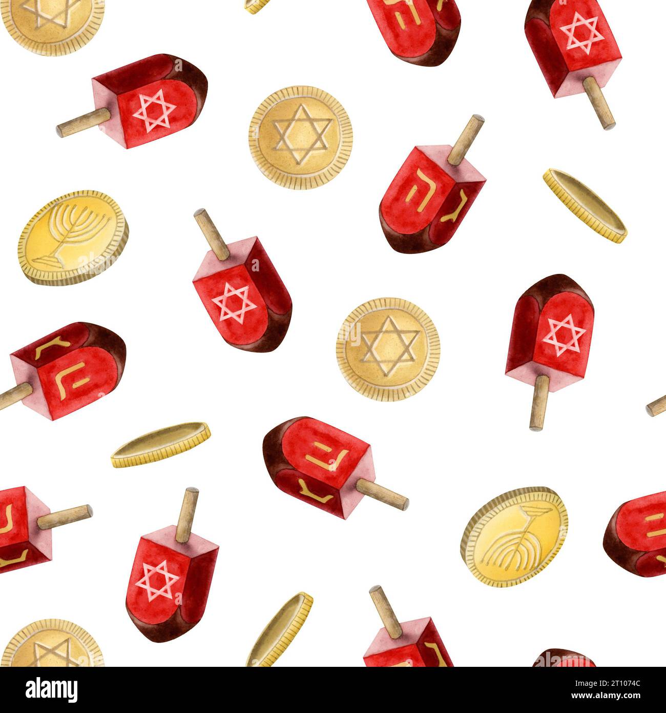 Watercolor Hanukkah dreidels and gold coins gelt seamless pattern on ...
