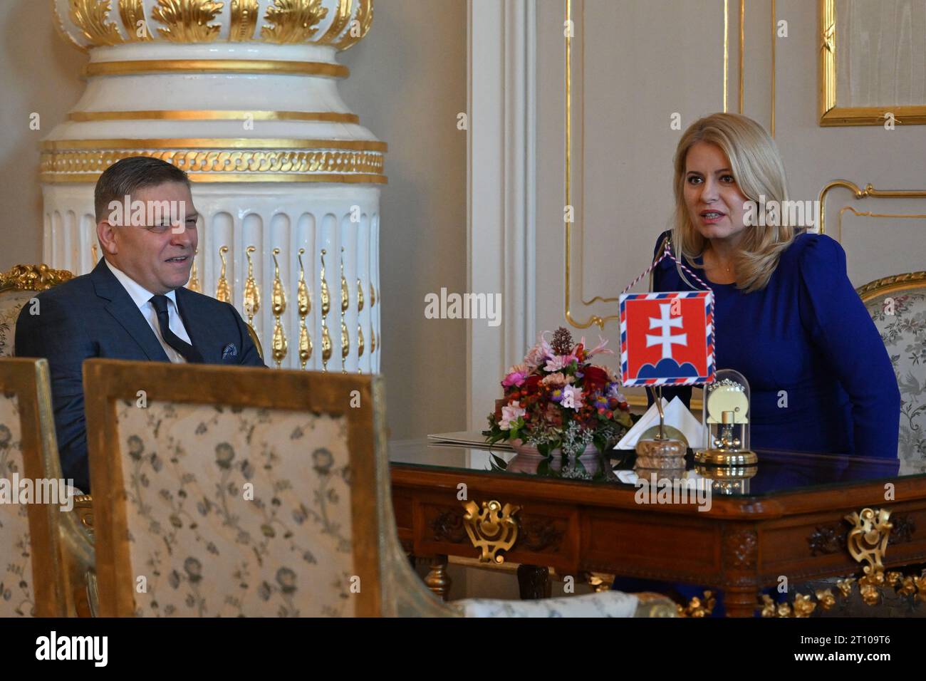 Slovak President Zuzana Caputova (right) meets Robert Fico, leader of ...
