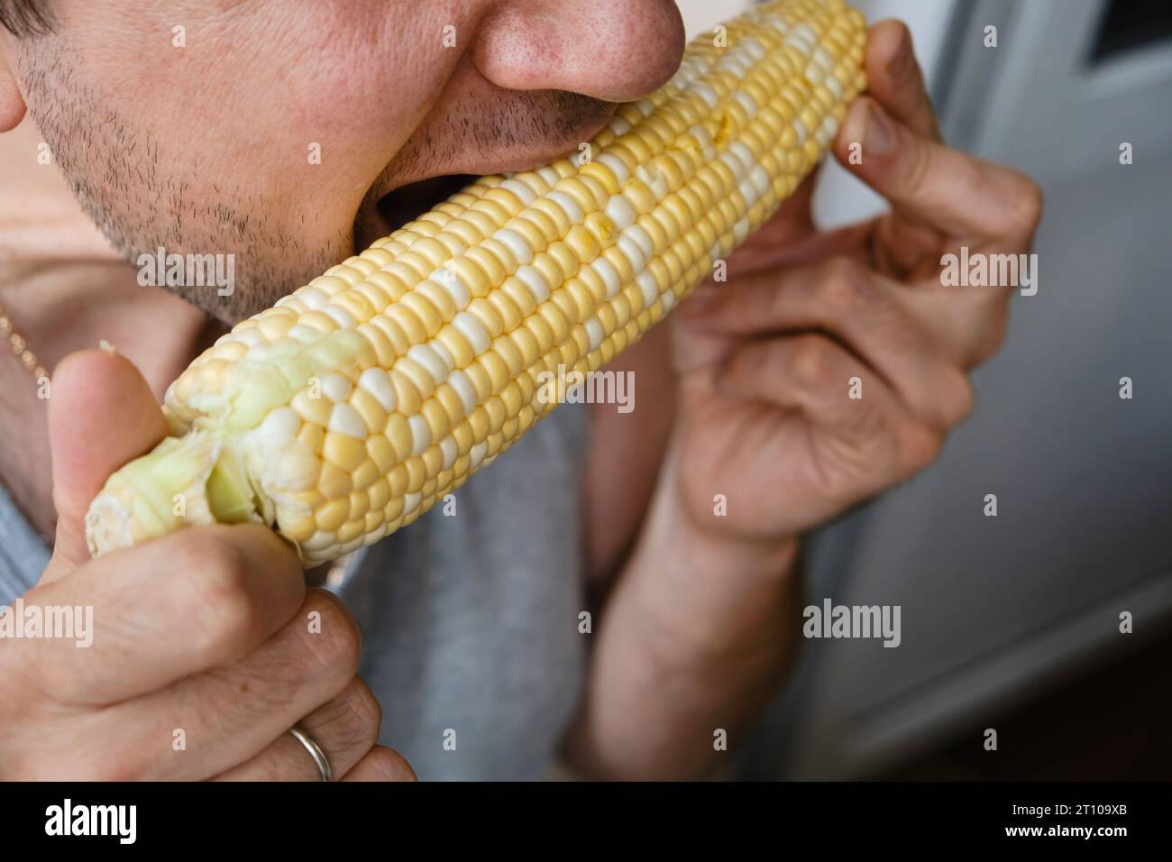 A man bites a cob of corn, close-up of an unrecognizable man Stock ...