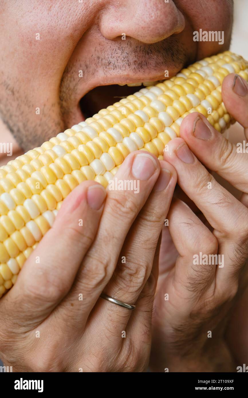 A man bites a cob of corn, close-up of an unrecognizable man Stock ...