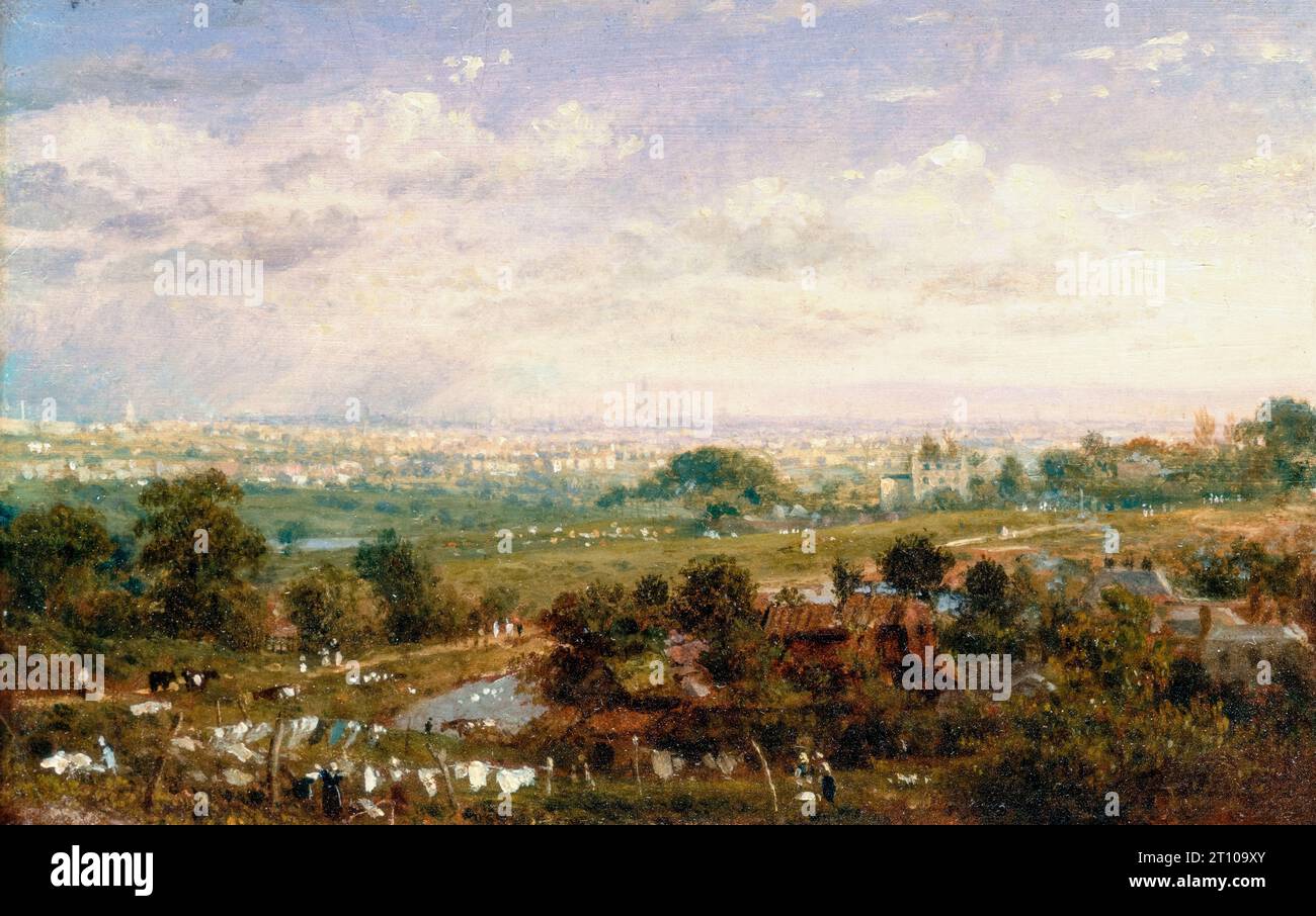 London from Islington Hill, landscape painting in oil on artist’s board ...