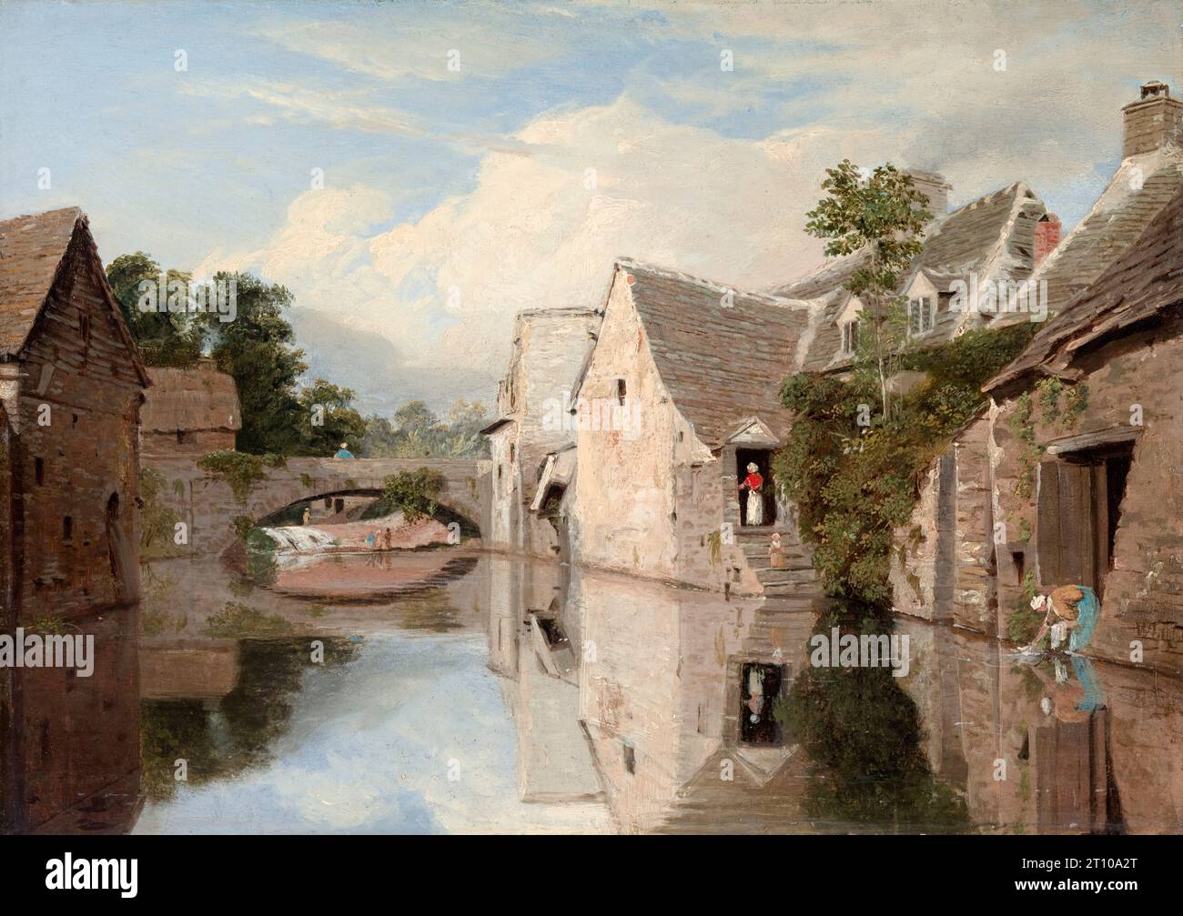 Cottages by a River, painting in oil on panel by William Linton, circa ...