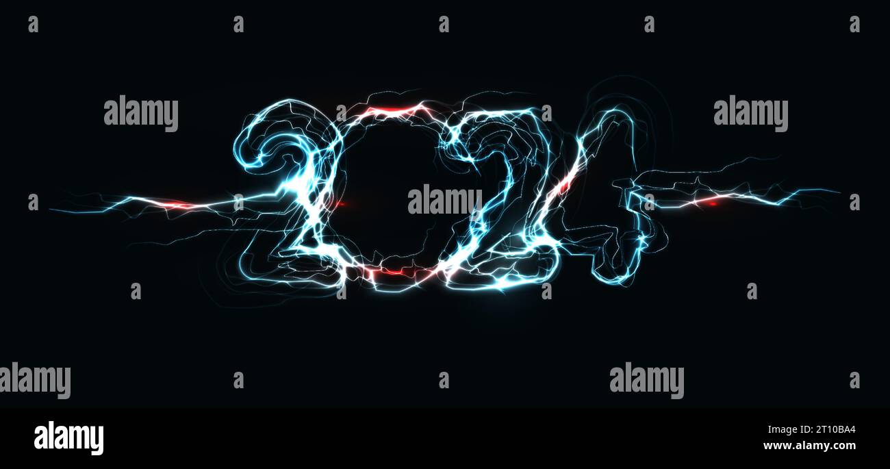 Vivid lightning line in 2024 New Year numbers masterpiece. Electric ...