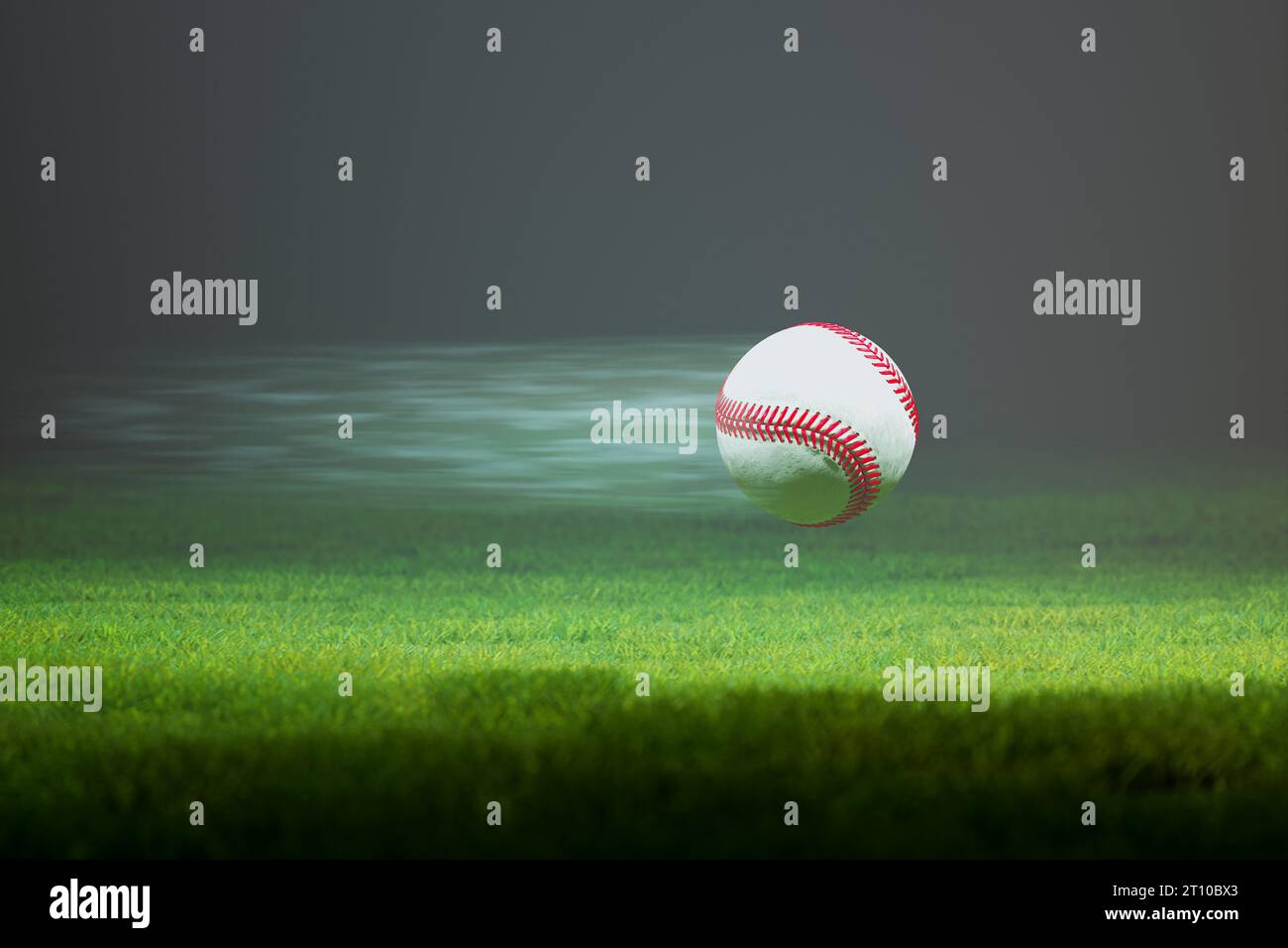 White leather baseball flying fast through the air in slow motion above ...