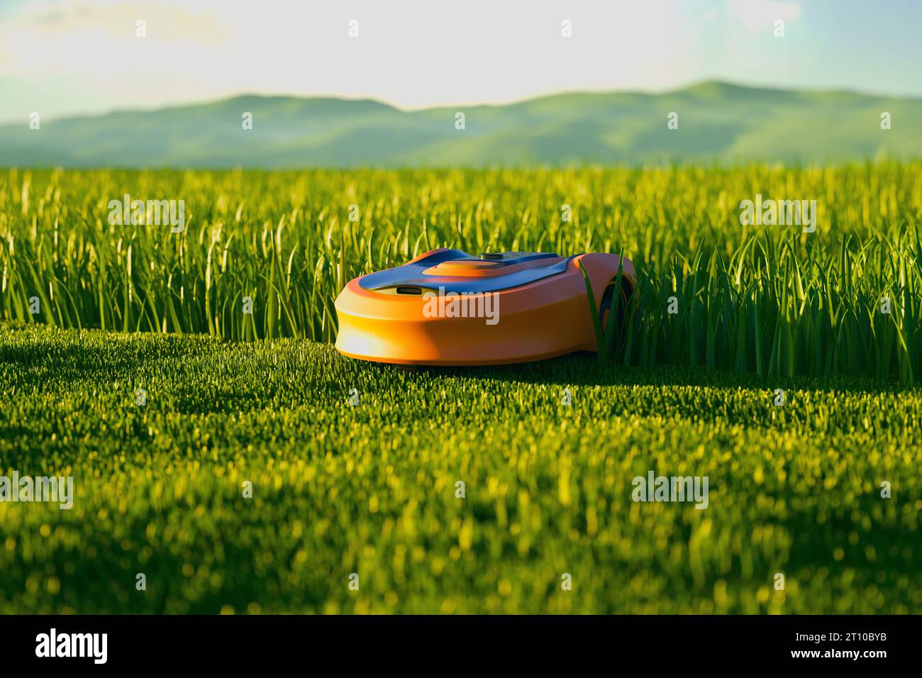 A lawn robot in the middle of the grass yard. Robotic lawnmower ...