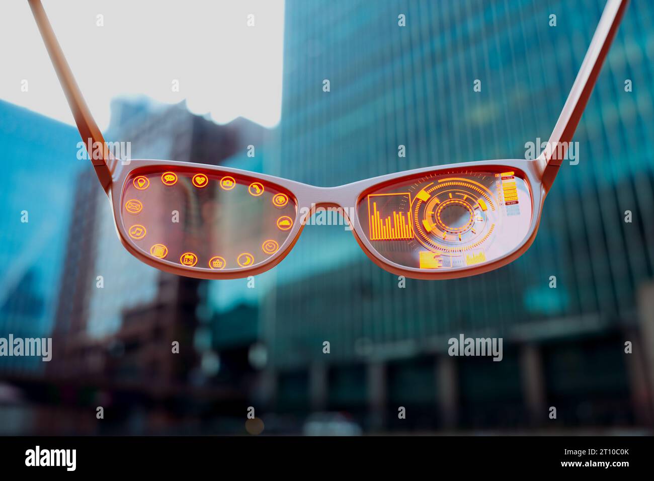 Pair of orange smart glasses with a cityscape in the background ...