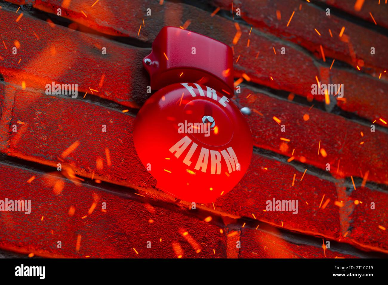 Smoke alarm on the brick wall. The red electric alarm bell is ringing ...