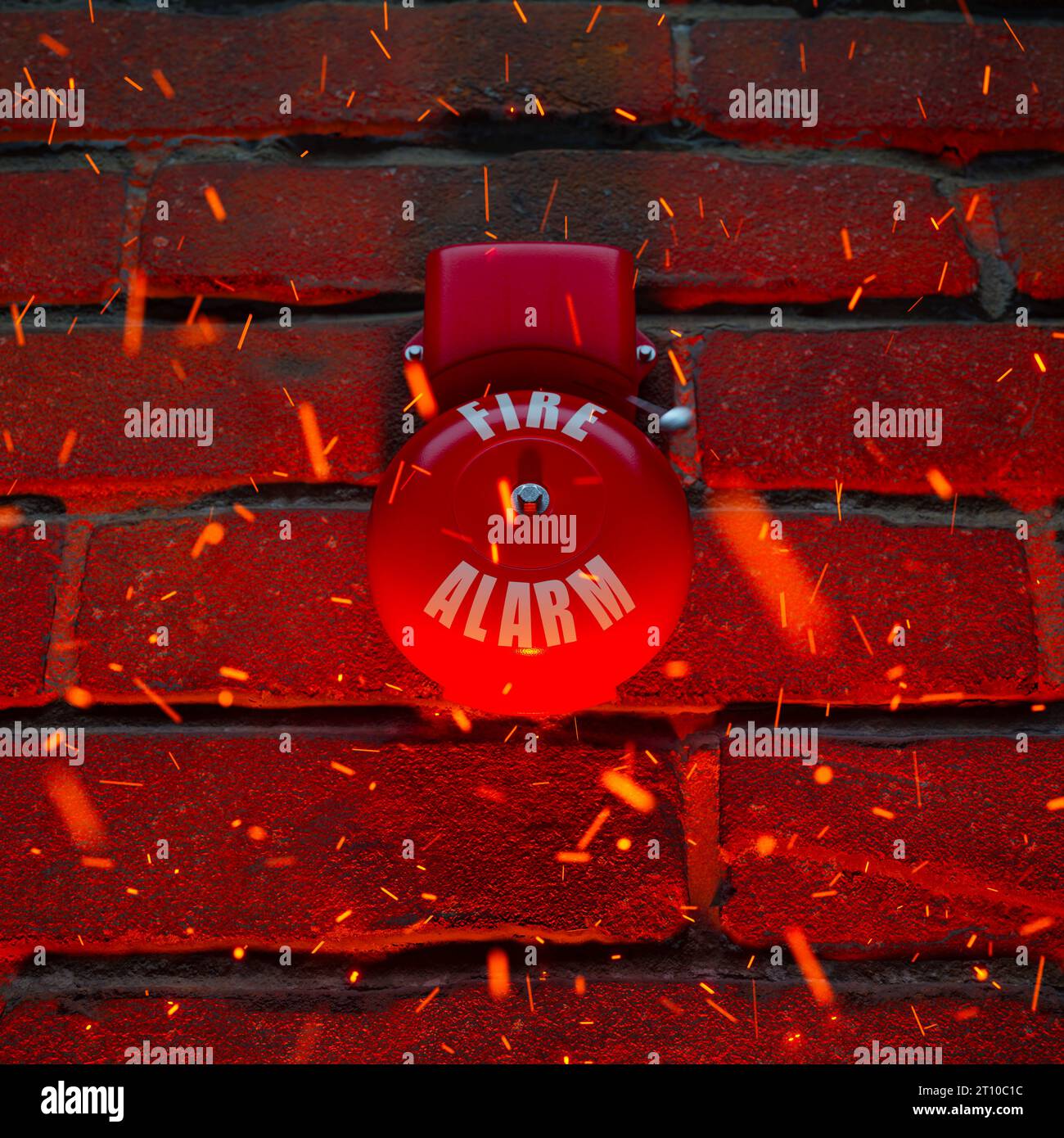 Smoke alarm on the brick wall. The red electric alarm bell is ringing ...