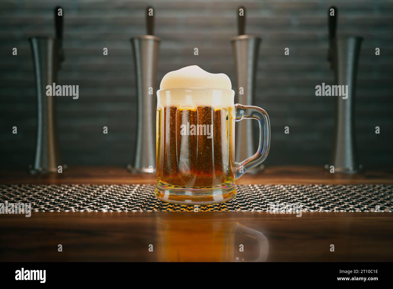 Beer mug full of delicious, golden liquid standing on a bar counter in ...