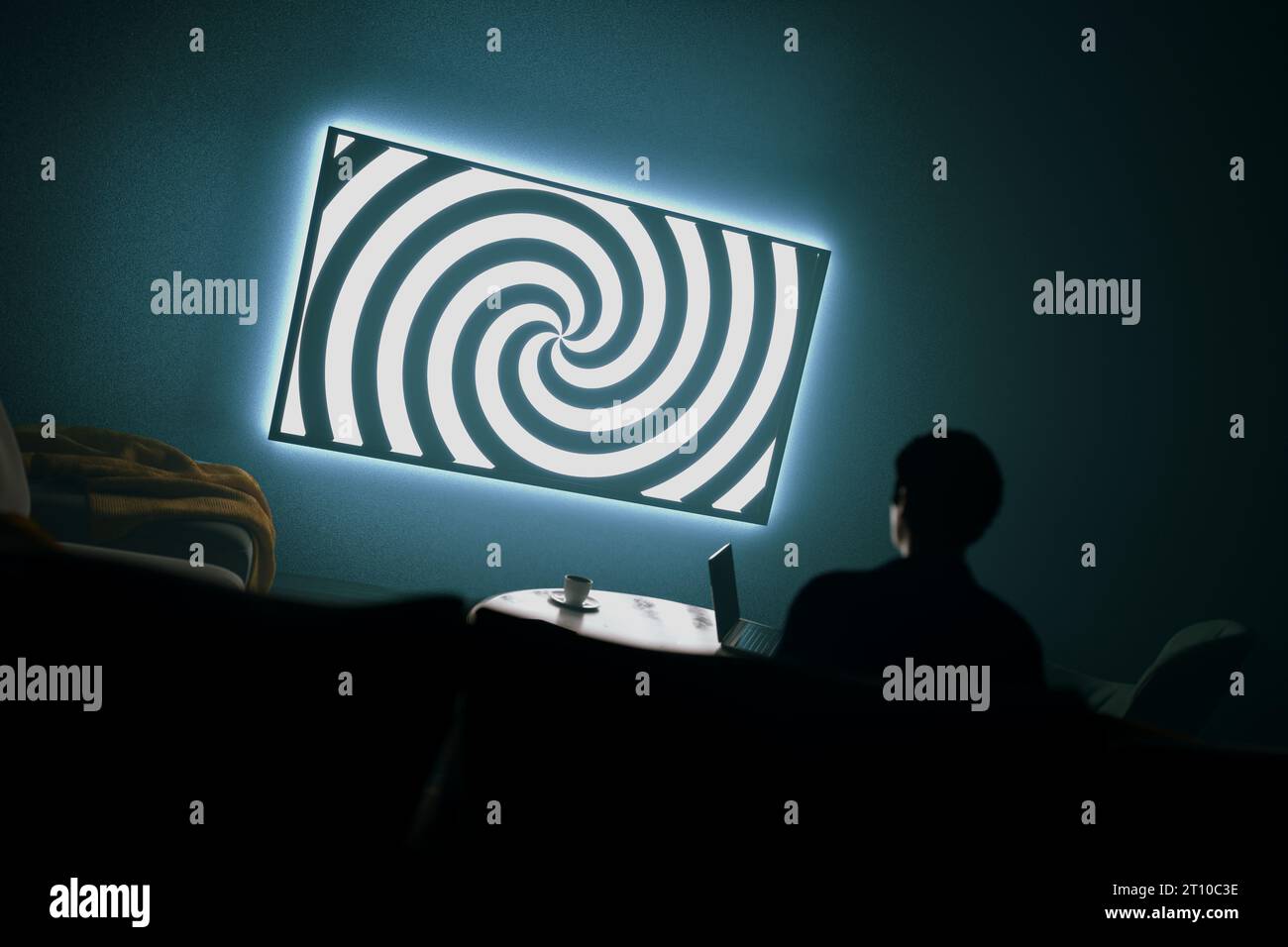 A 3D rendering of a dark room with a silhouette of a person sitting and ...