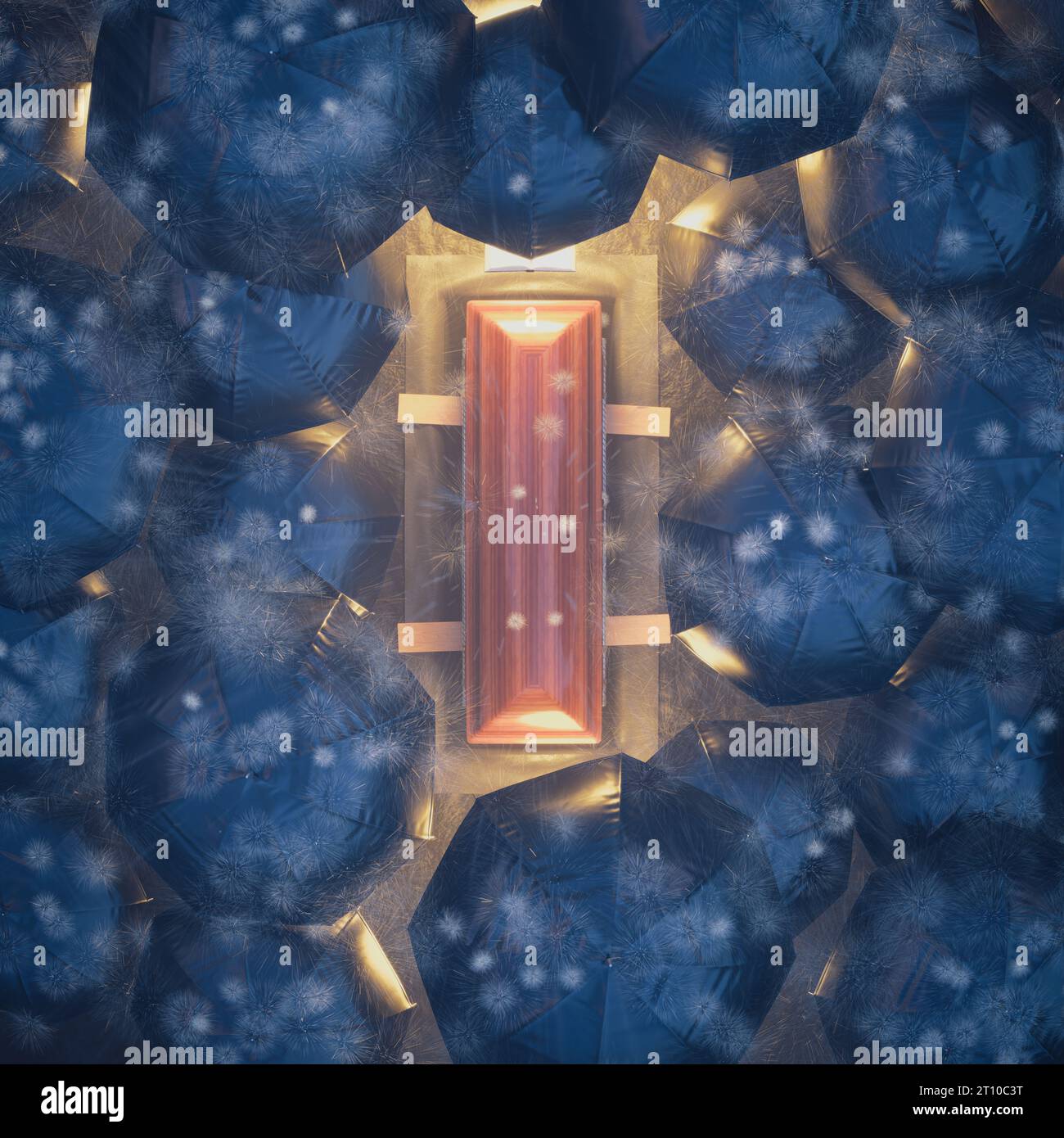 A view from above of a cemetery with a group of people standing around ...