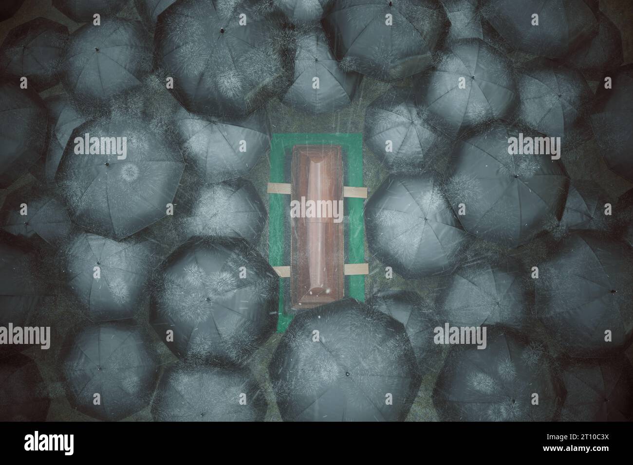 A view from above of a cemetery with a group of people standing around ...