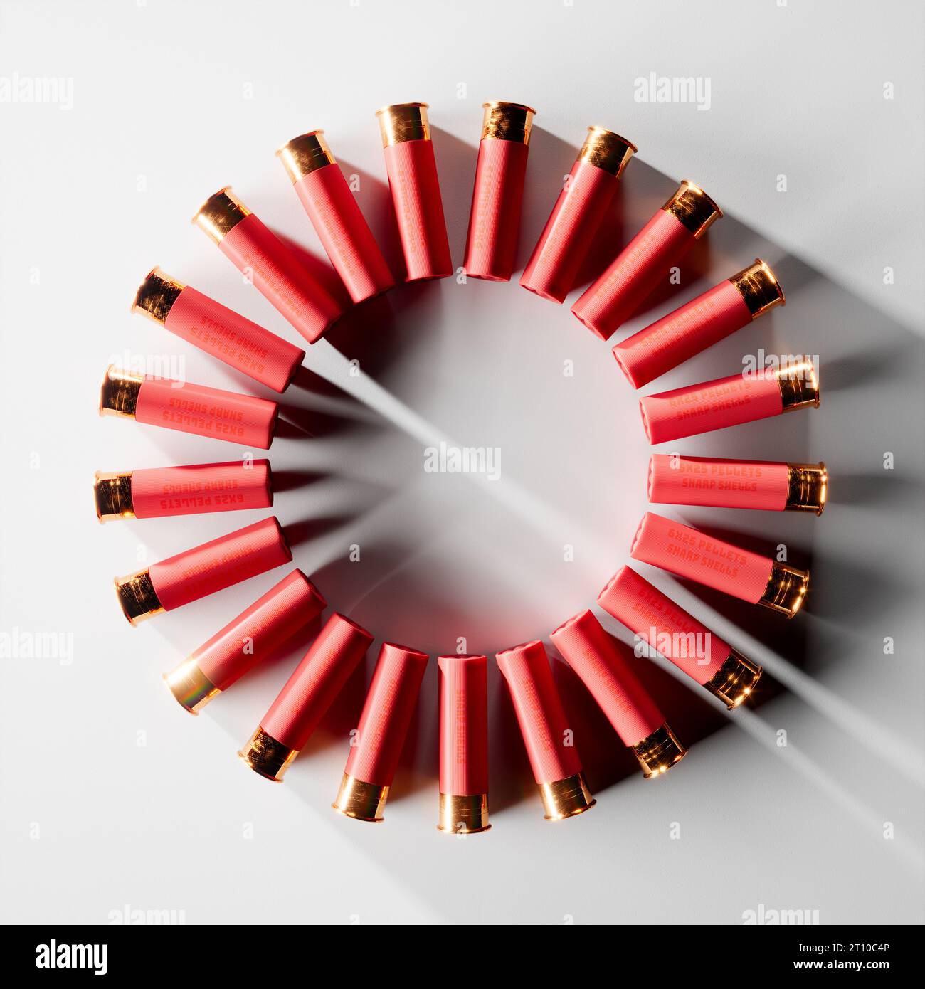 Close-up view of shotgun red ammunition neatly arranged in a circular ...