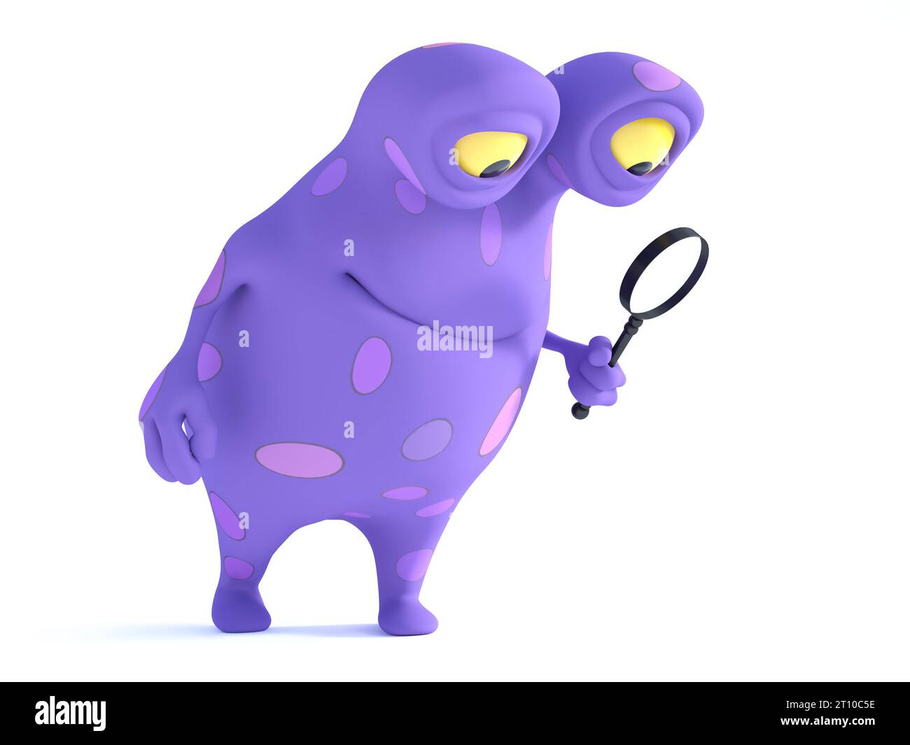 A cute charming happy, smiling cartoon monster holding magnifying glass ...
