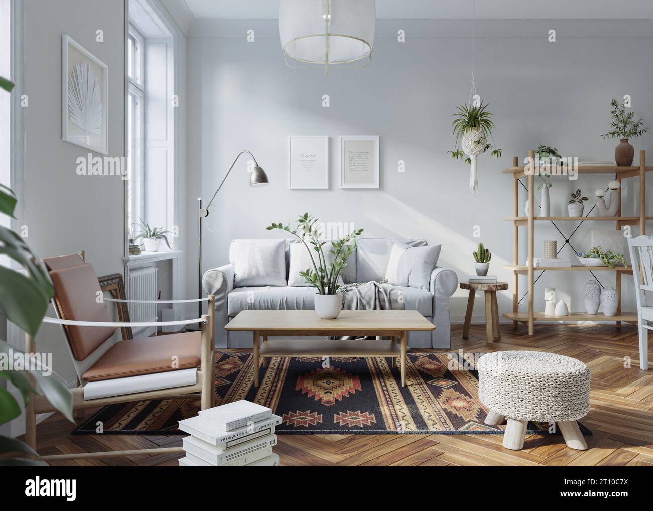 Scandinavian interior design of the living room with windows, white ...