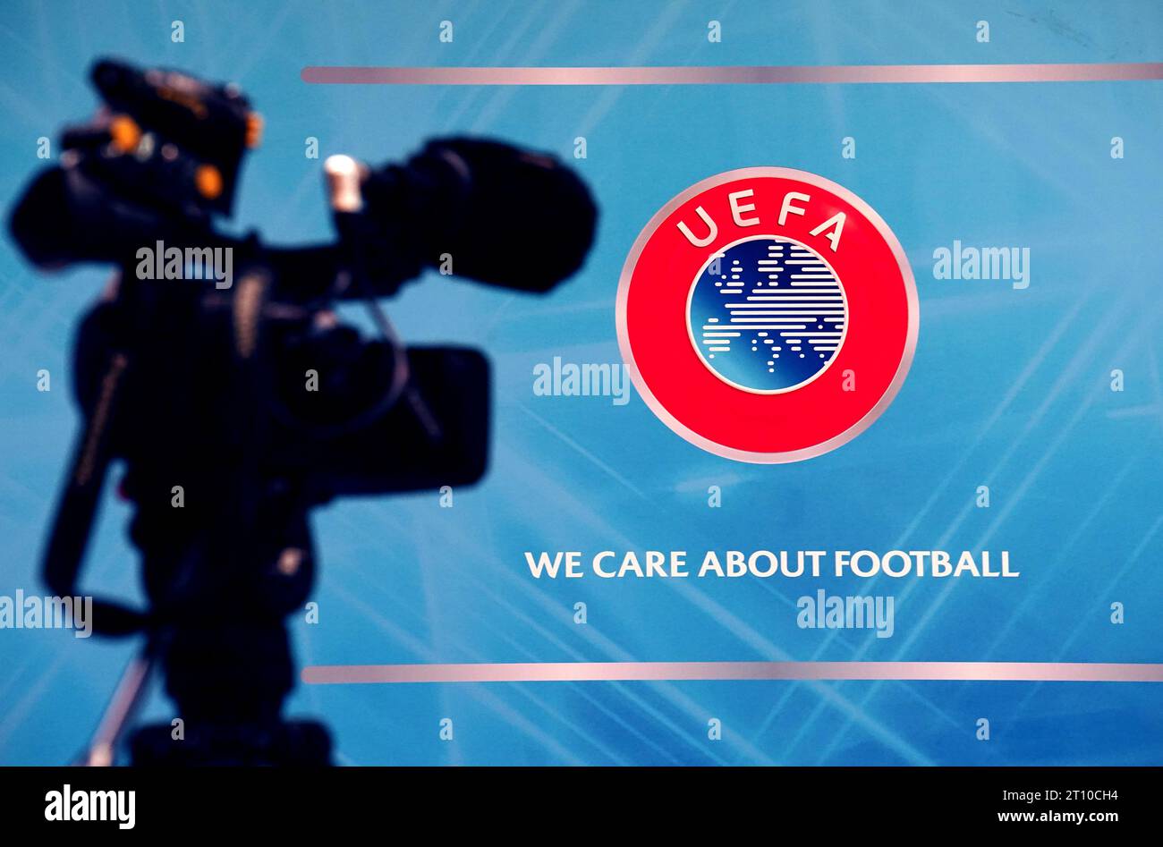 A television camera set up in front of a UEFA logo ahead of the Euro ...