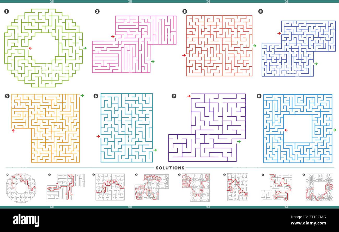 Illustration of maze puzzle activities graphs set with solutions Stock ...