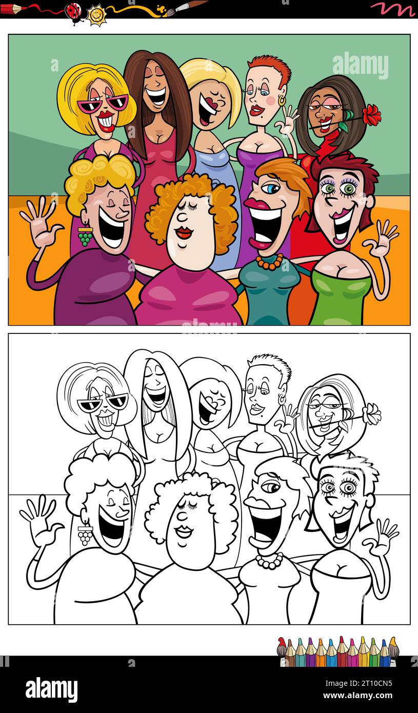 Cartoon illustrations of funny women or girls characters group coloring ...