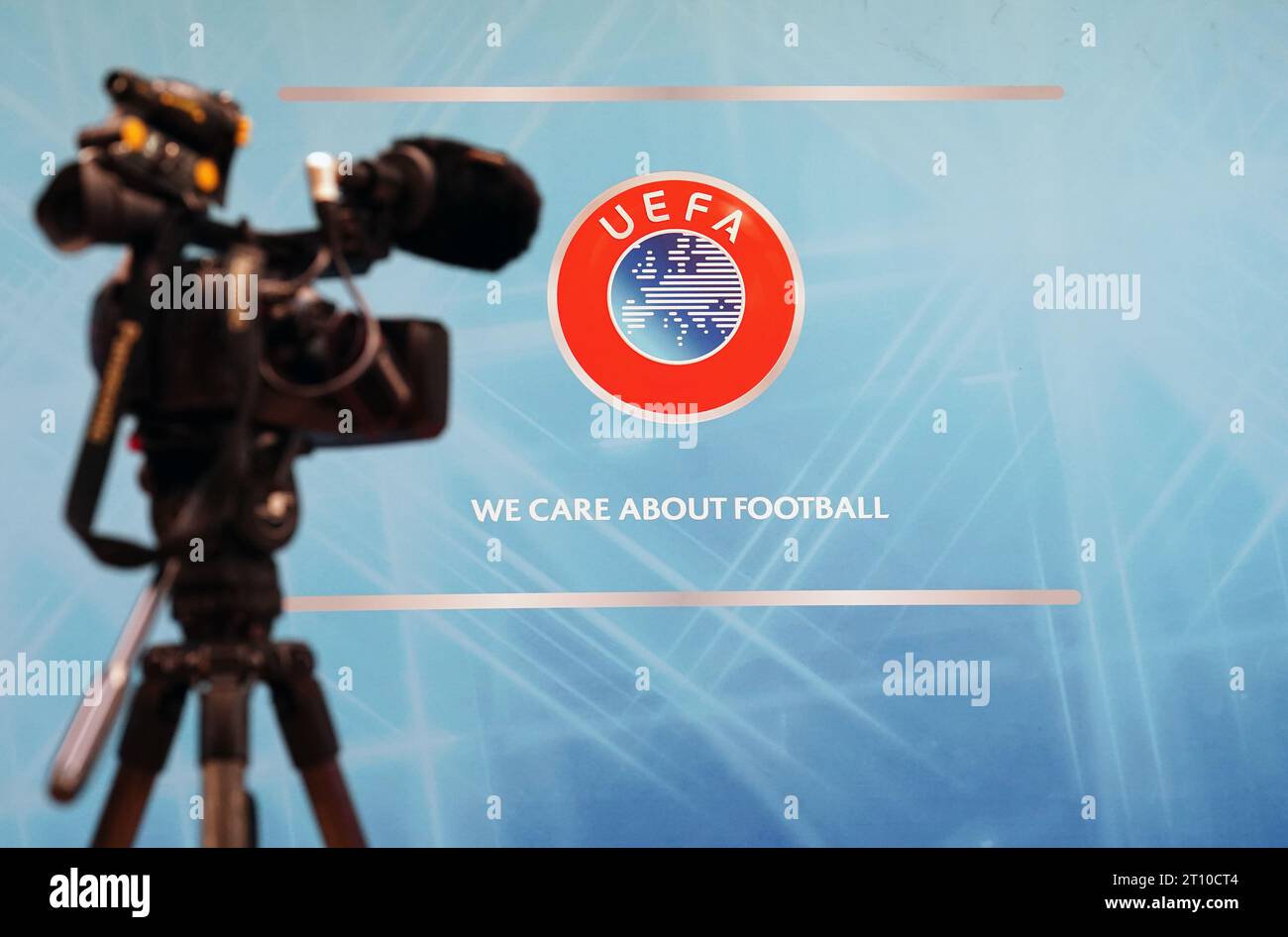 A television camera set up in front of a UEFA logo ahead of the Euro ...