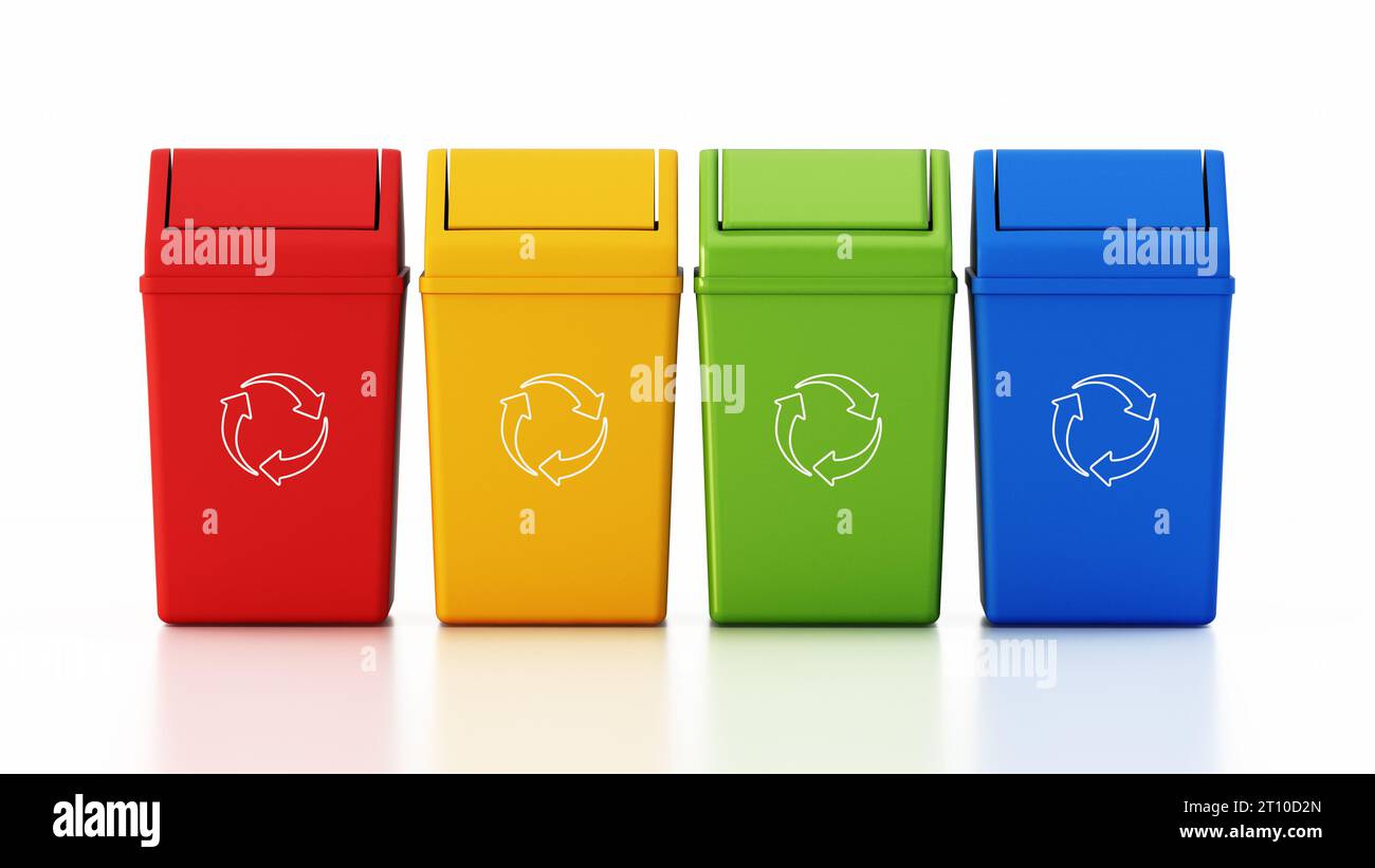 Plastic dustbins with recycle symbol isolated on white background. 3D ...