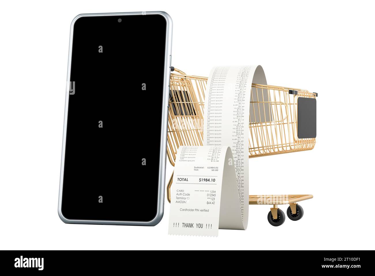Mobile phone with shopping cart on long receipt. Online shopping, 3D ...