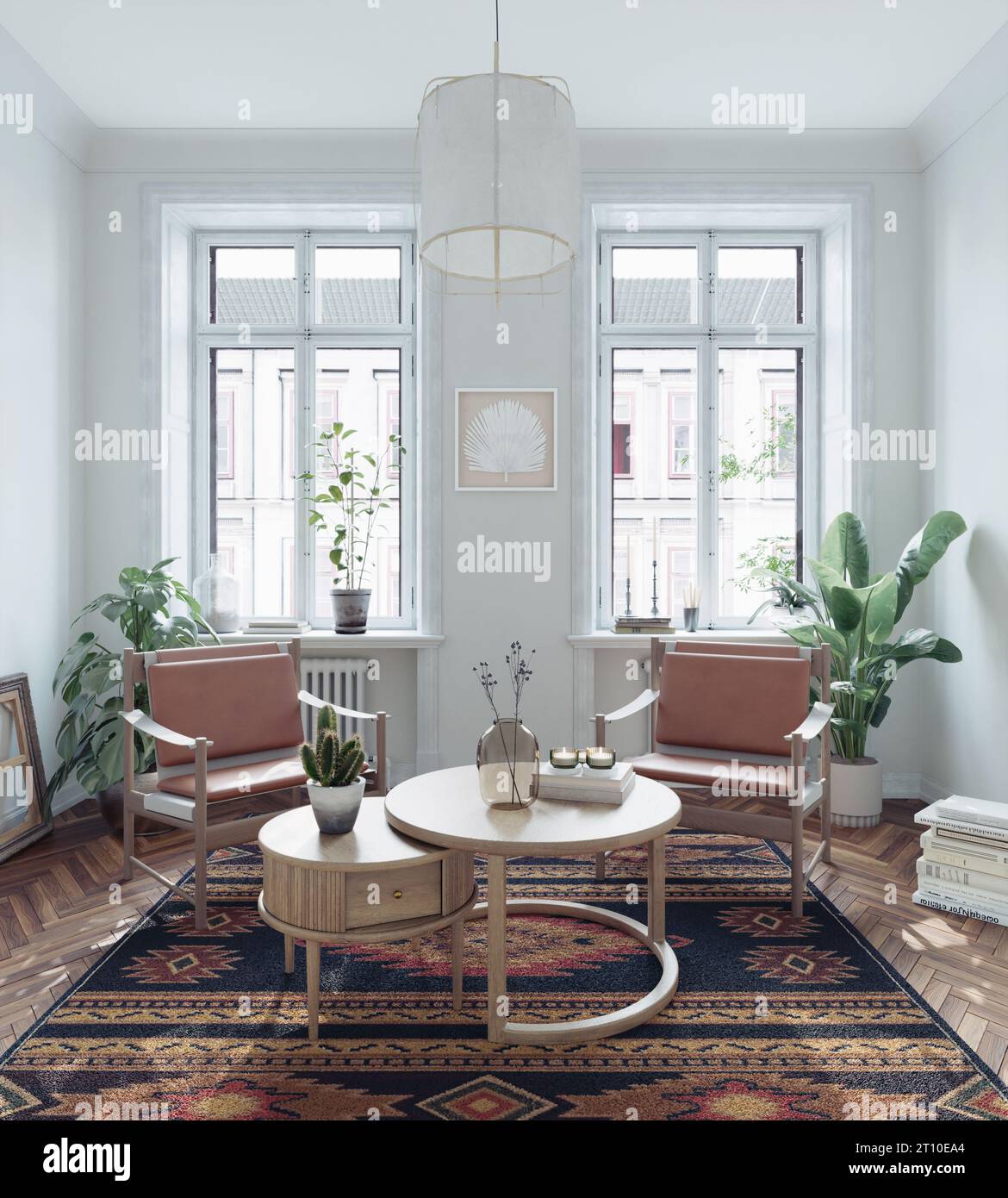 Scandinavian interior design of the living room with windows, white ...