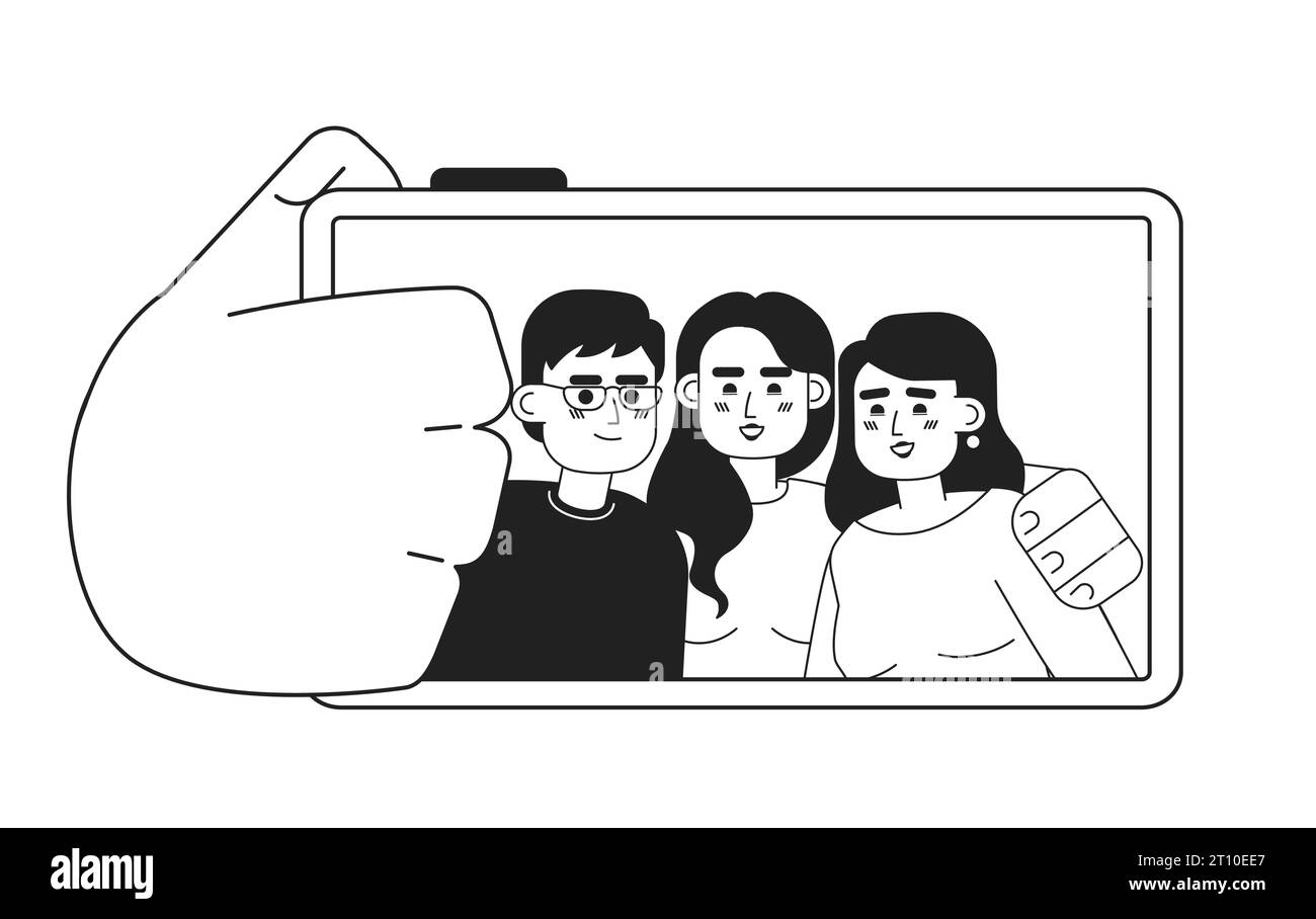 Friends Selfie Monochromatic Flat Vector Characters Stock Vector Image