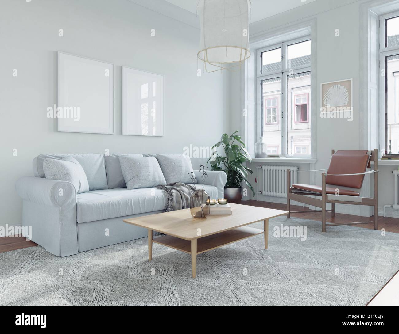 Scandinavian interior design of the living room with windows, white ...