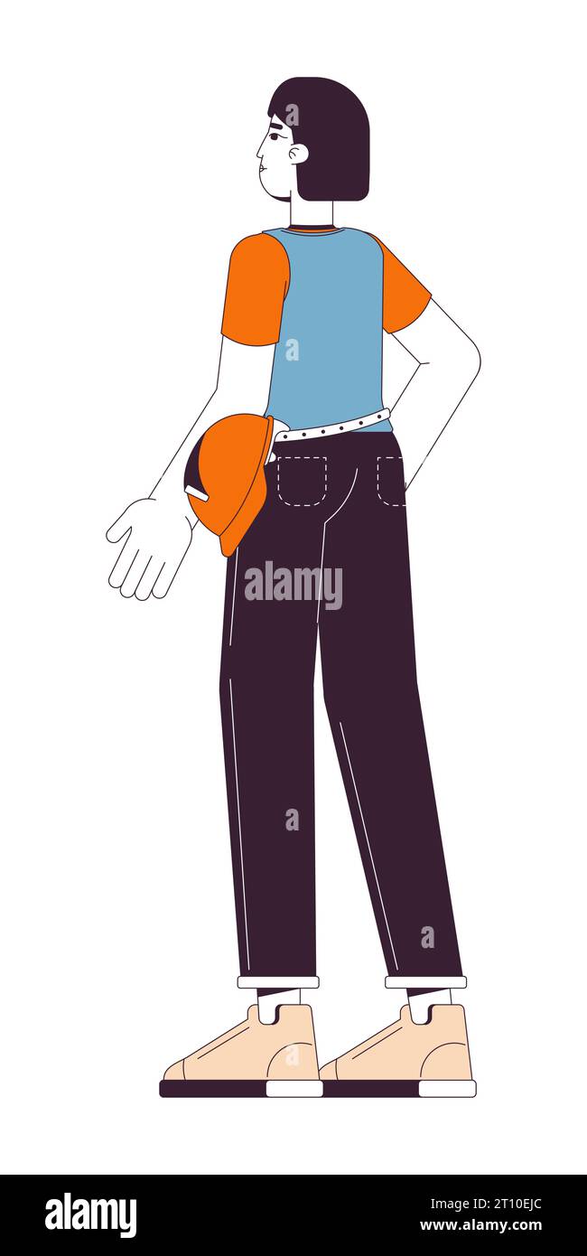 Asian repair woman standing back view 2D linear cartoon character Stock ...