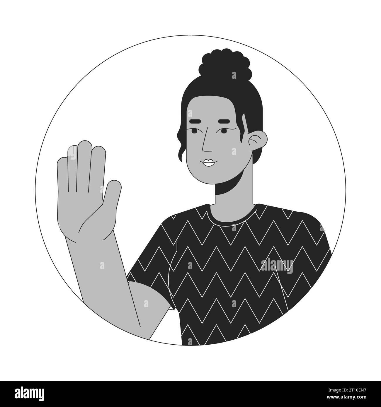 Top knot black girl saying hi black and white 2D vector avatar ...