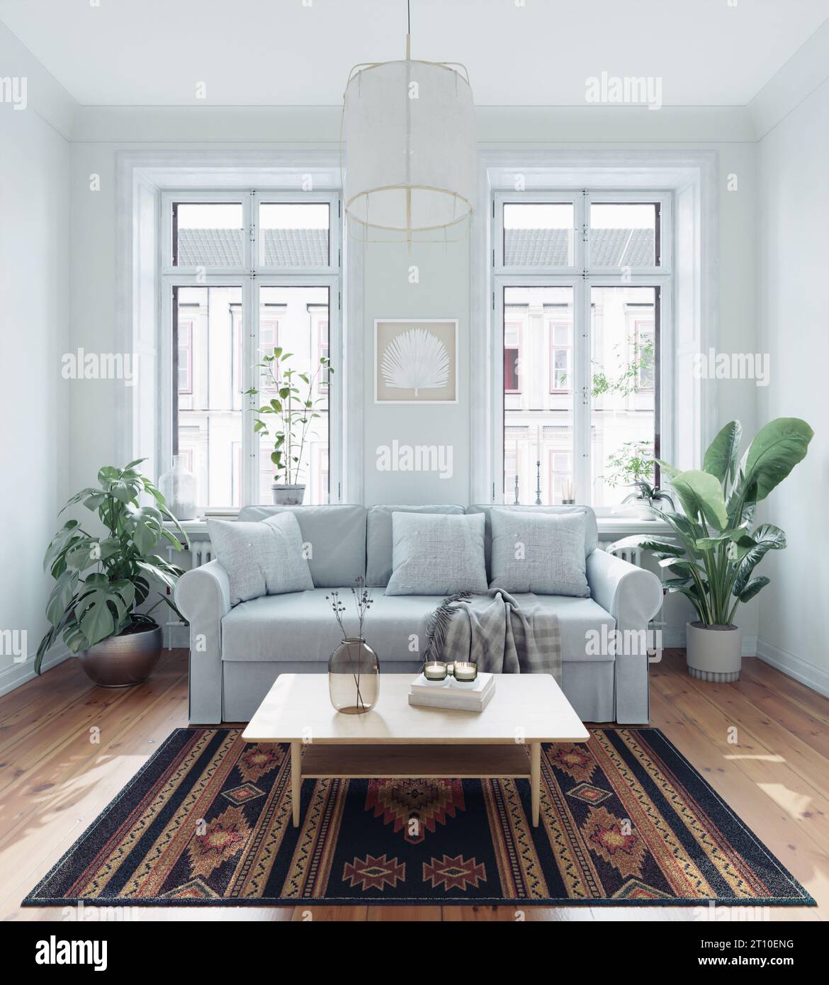 Scandinavian interior design of the living room with windows, white ...