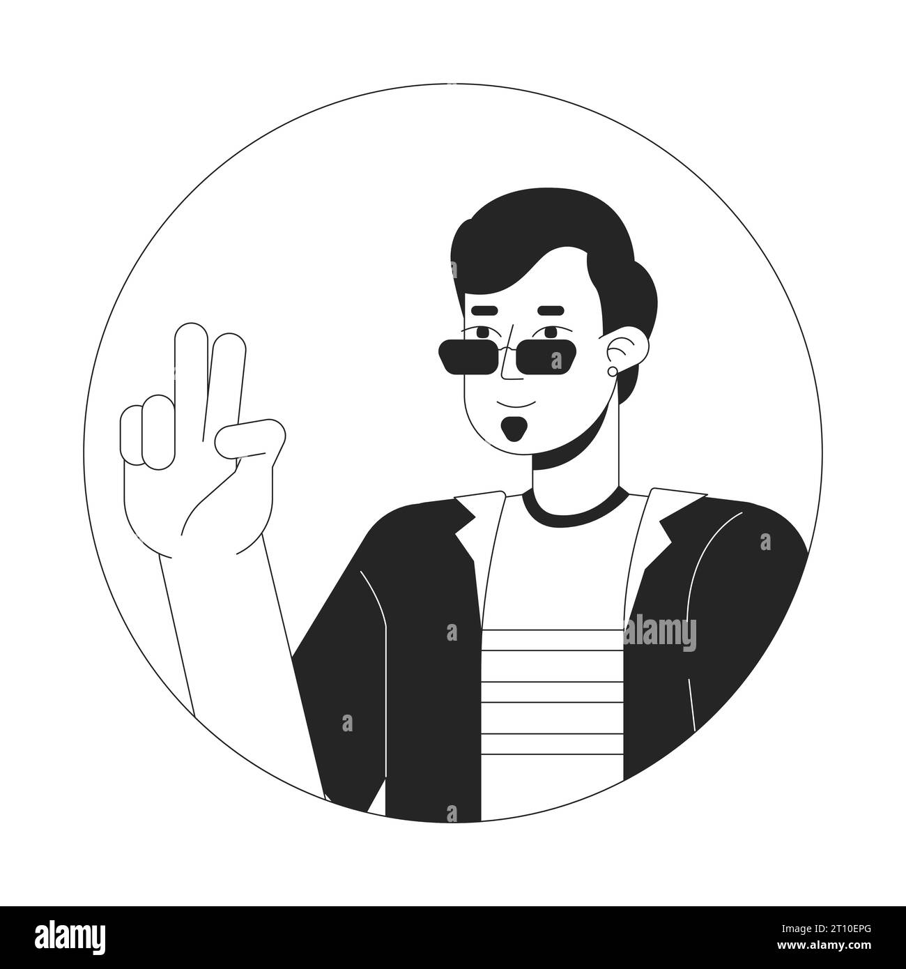 Cool sunglasses man peace sign hand black and white 2D vector avatar ...