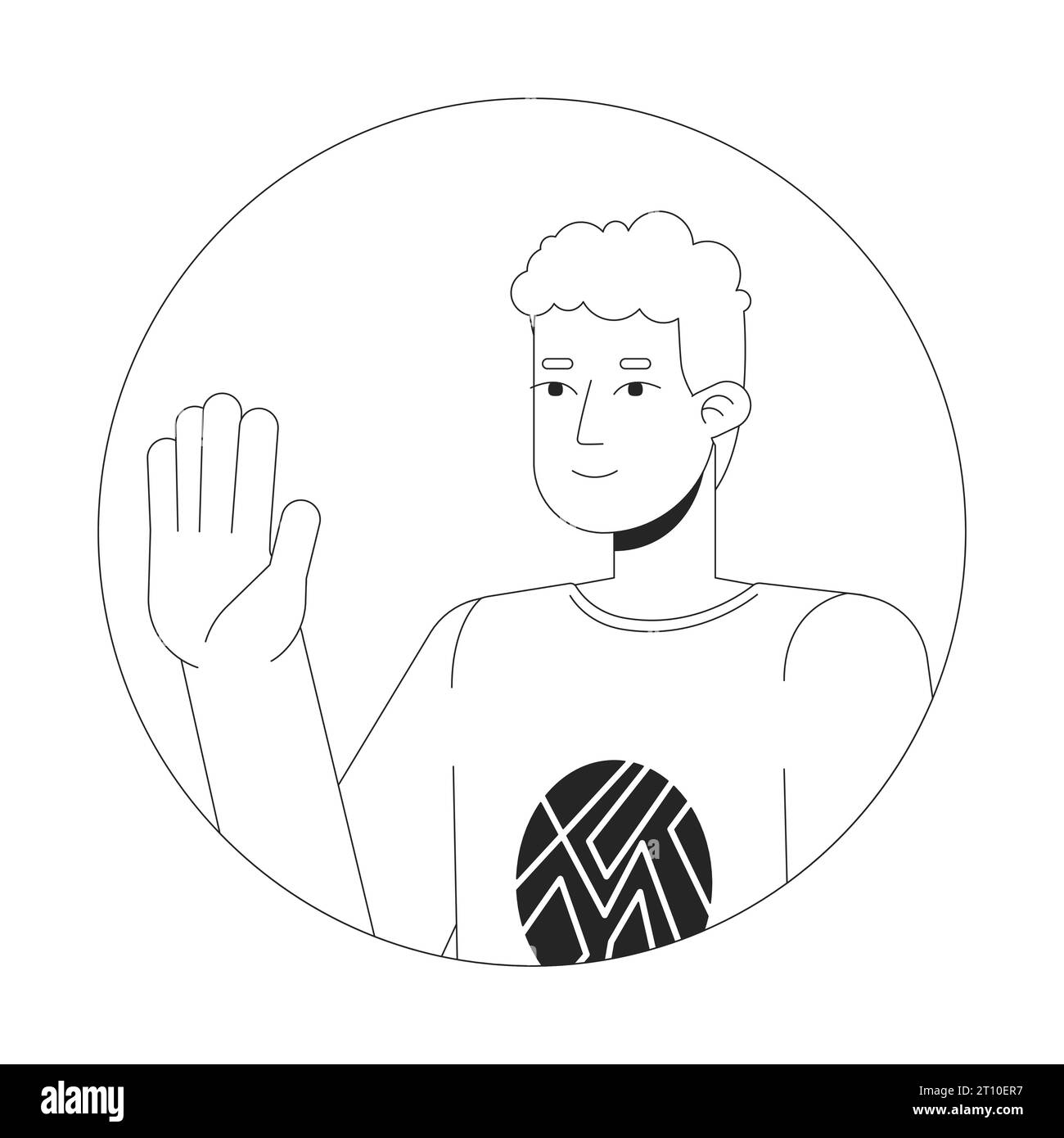Curly caucasian young man waving happy black and white 2D vector avatar ...