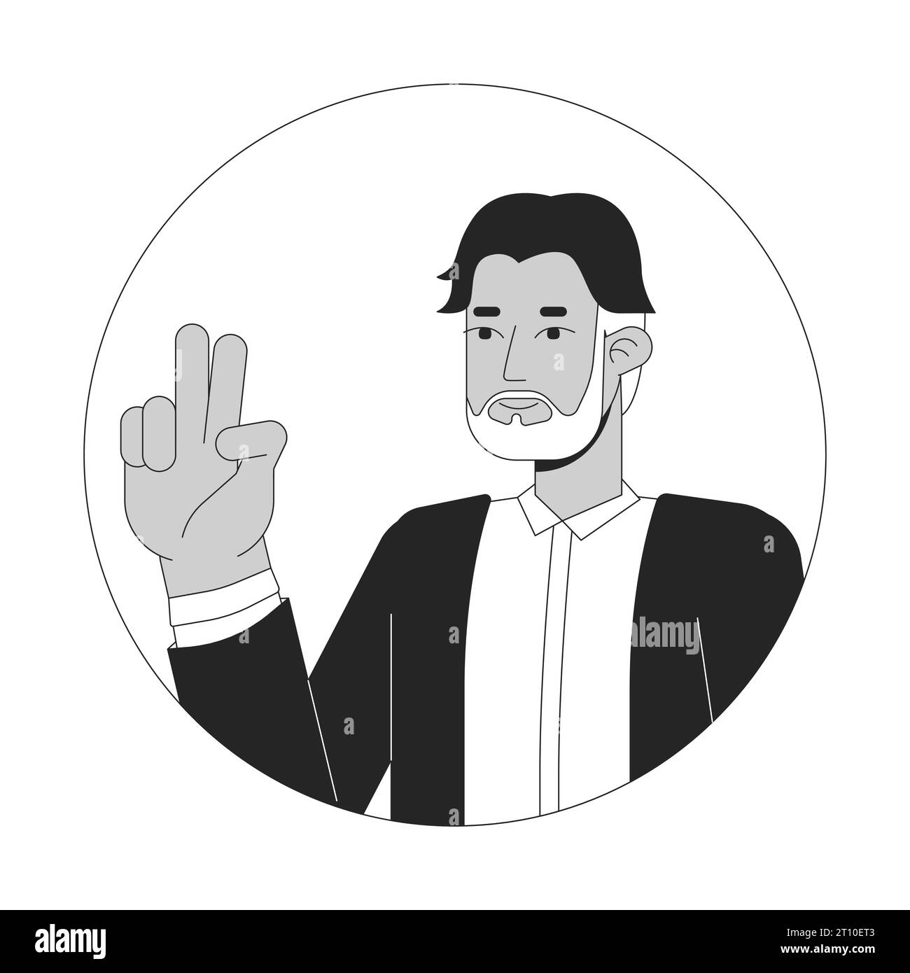 Forties mid age man peace sign hand black and white 2D vector avatar ...