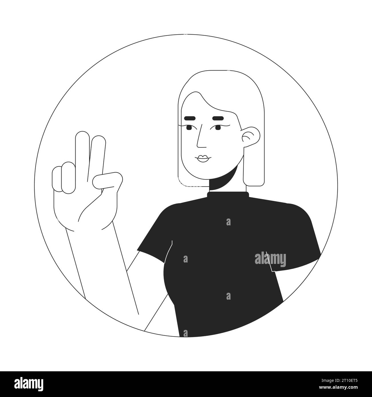 Peace sign girl european black and white 2D vector avatar illustration ...