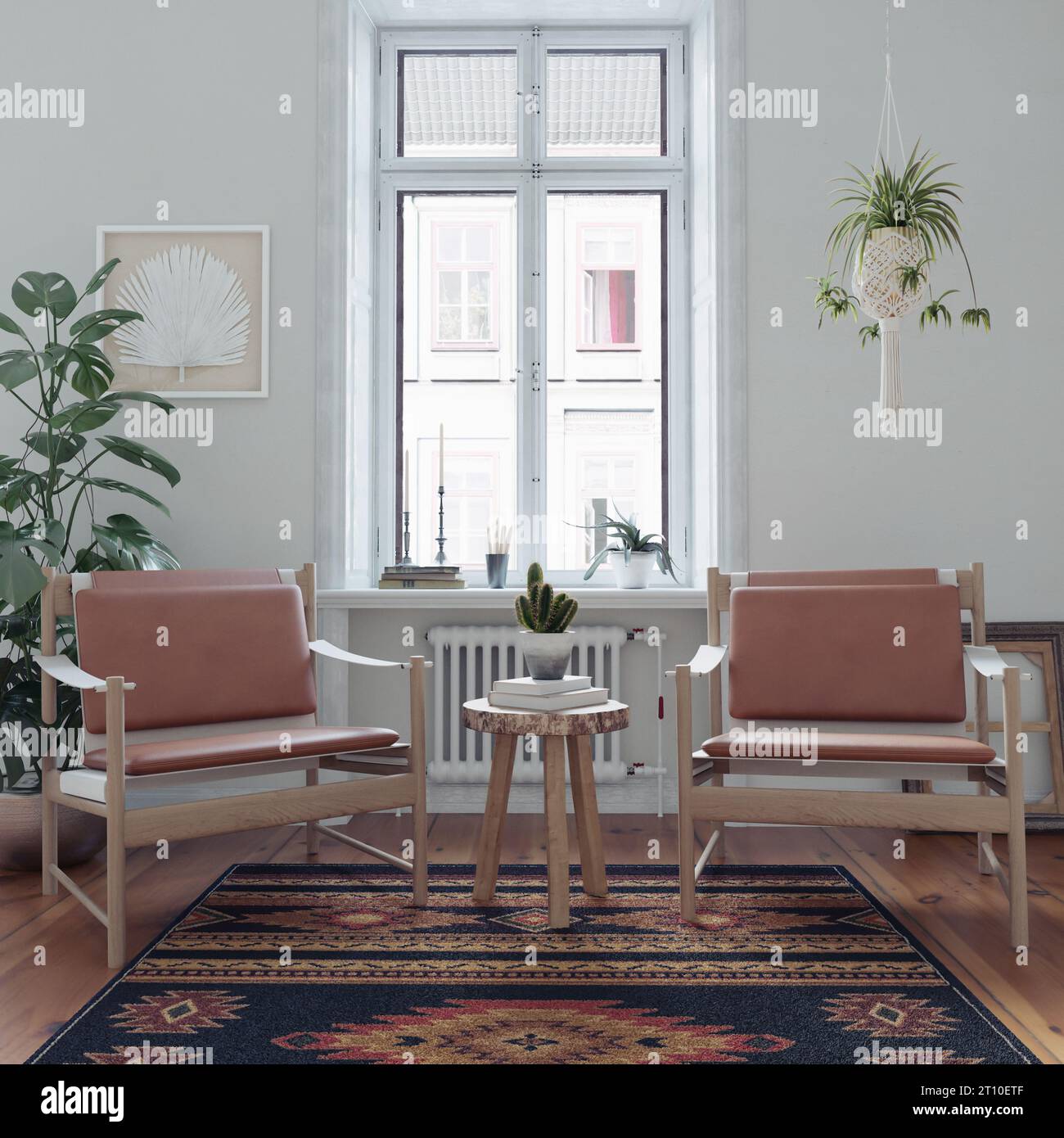 Scandinavian interior design of the living room with windows, white ...