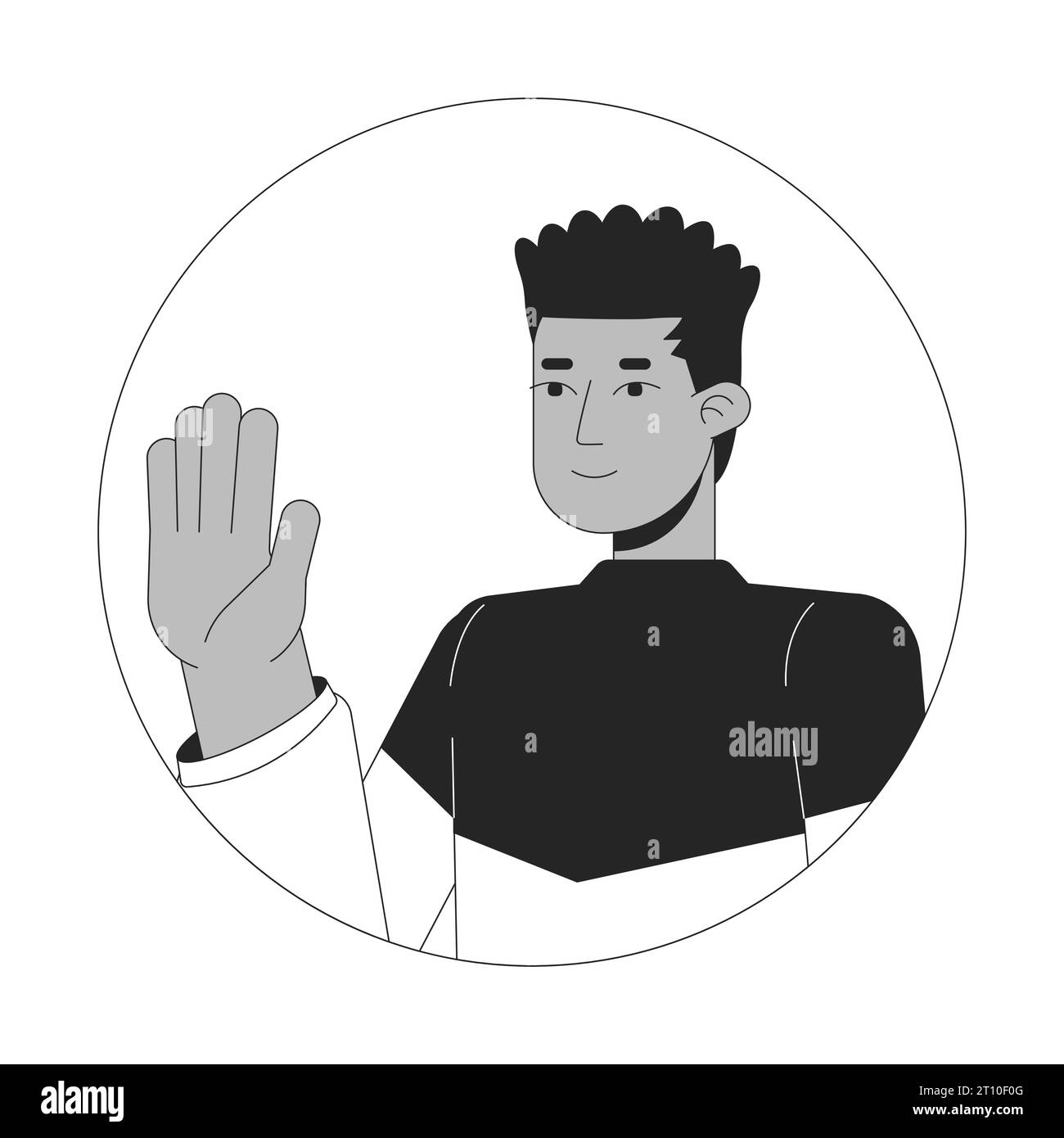 African american guy waving happy black and white 2D vector avatar ...
